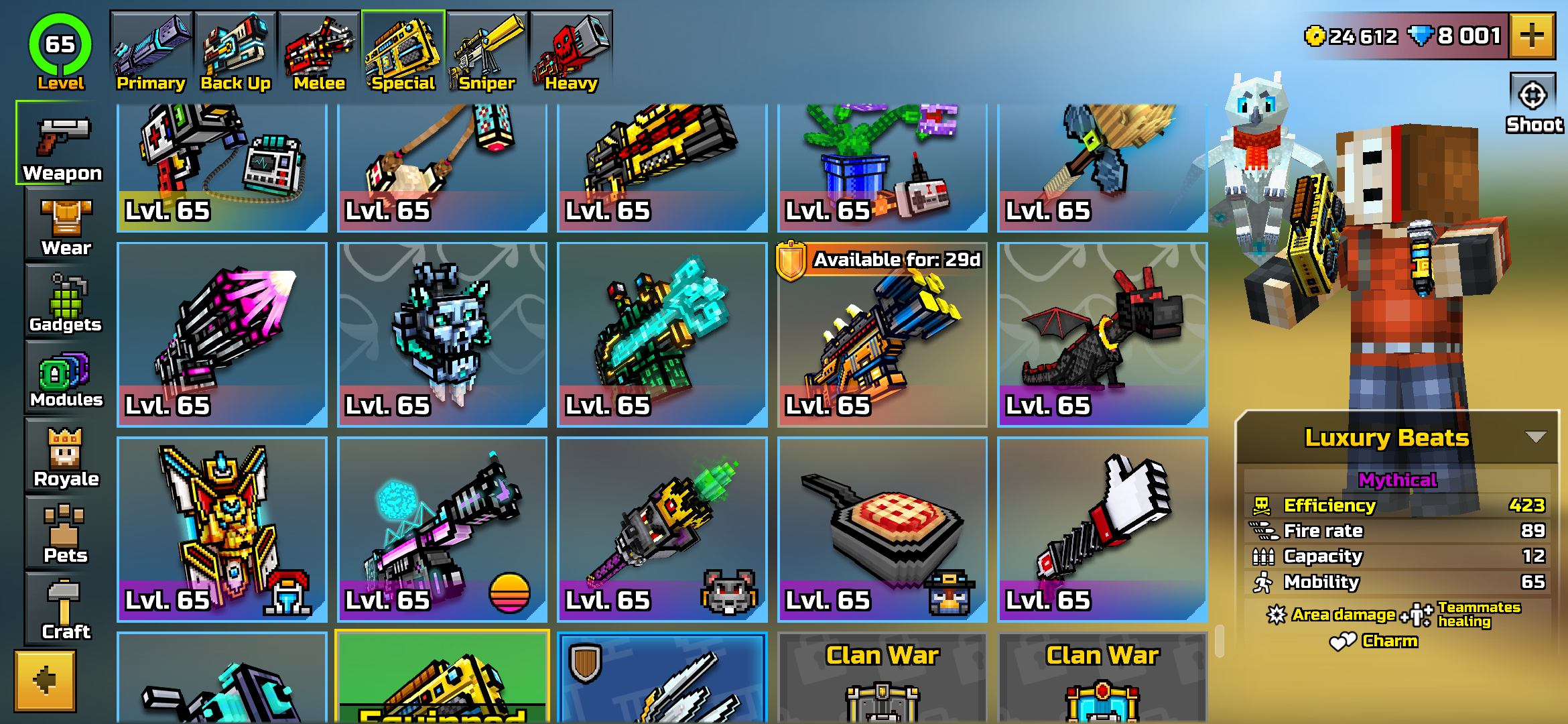 Selling - PG3D lvl 65 account, many weapons and lots of currency ...